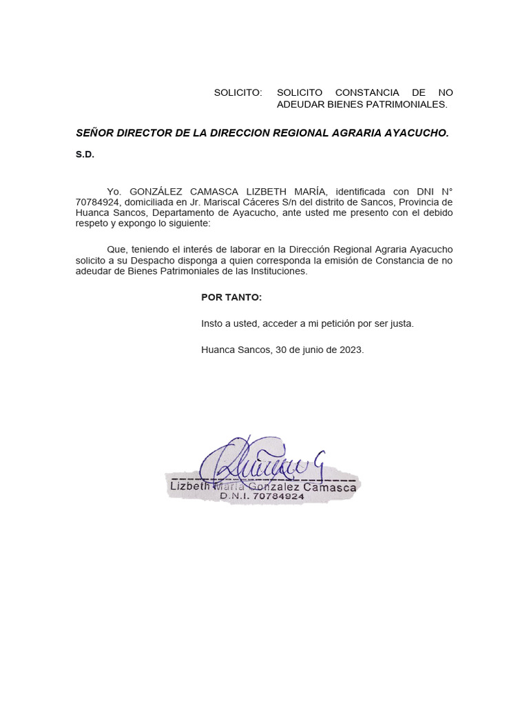 SOLICITO Constancias de No Adeudar-Lizbeth Hcos | PDF