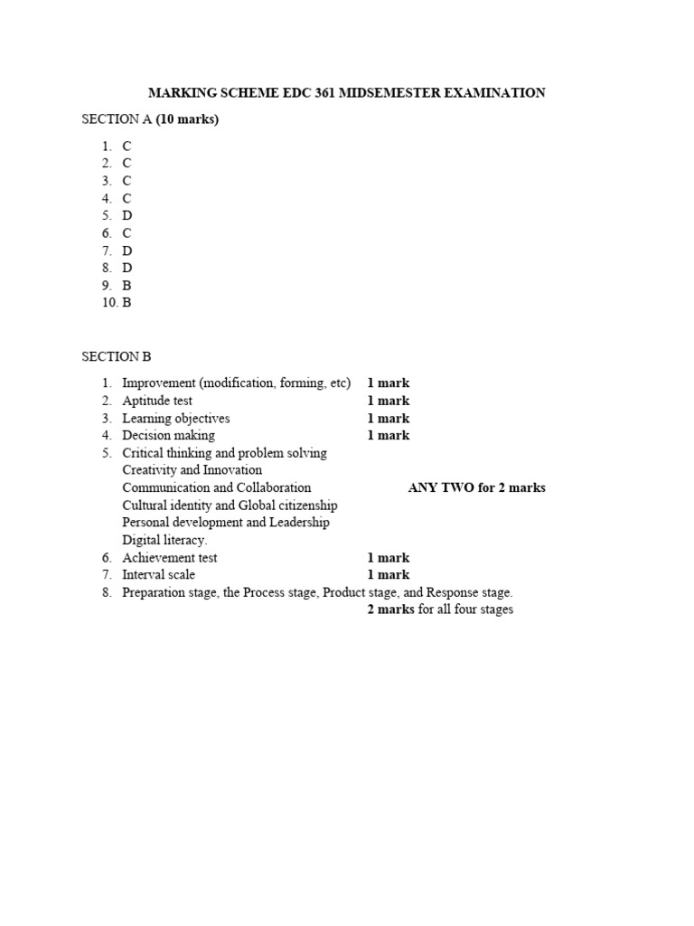 Marking Scheme Edc 361 Midsemester Examination | PDF
