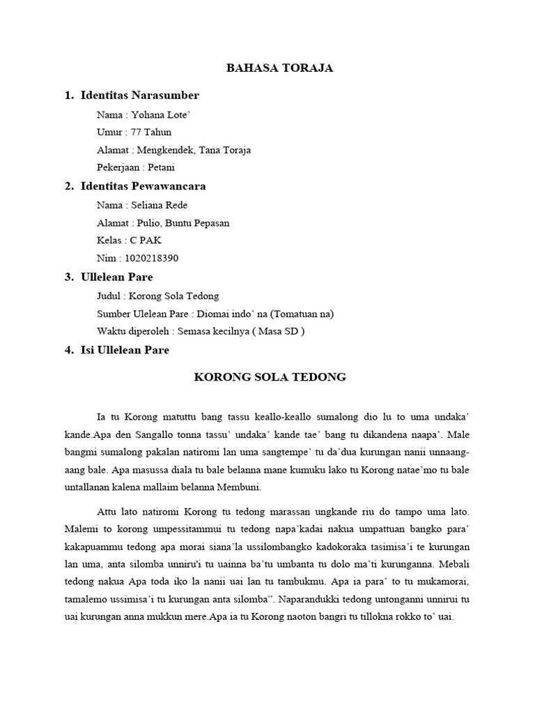 Bahasa Toraja Korong Sola Tedong | PDF