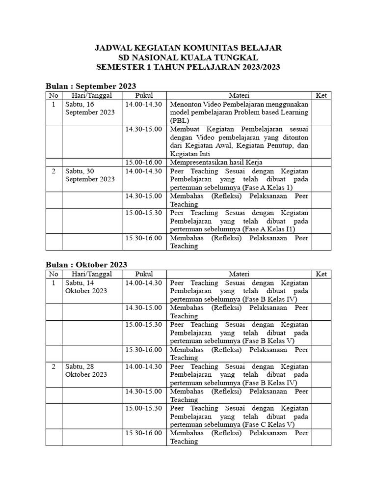 Jadwal Kegiatan Komunitas Belajar | PDF