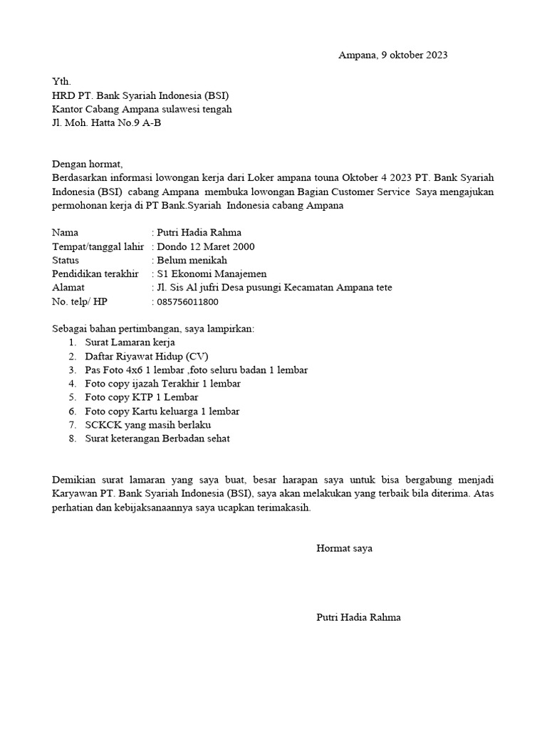 Surat Lamaran Bank Syariah Indonesia (BSI) | PDF
