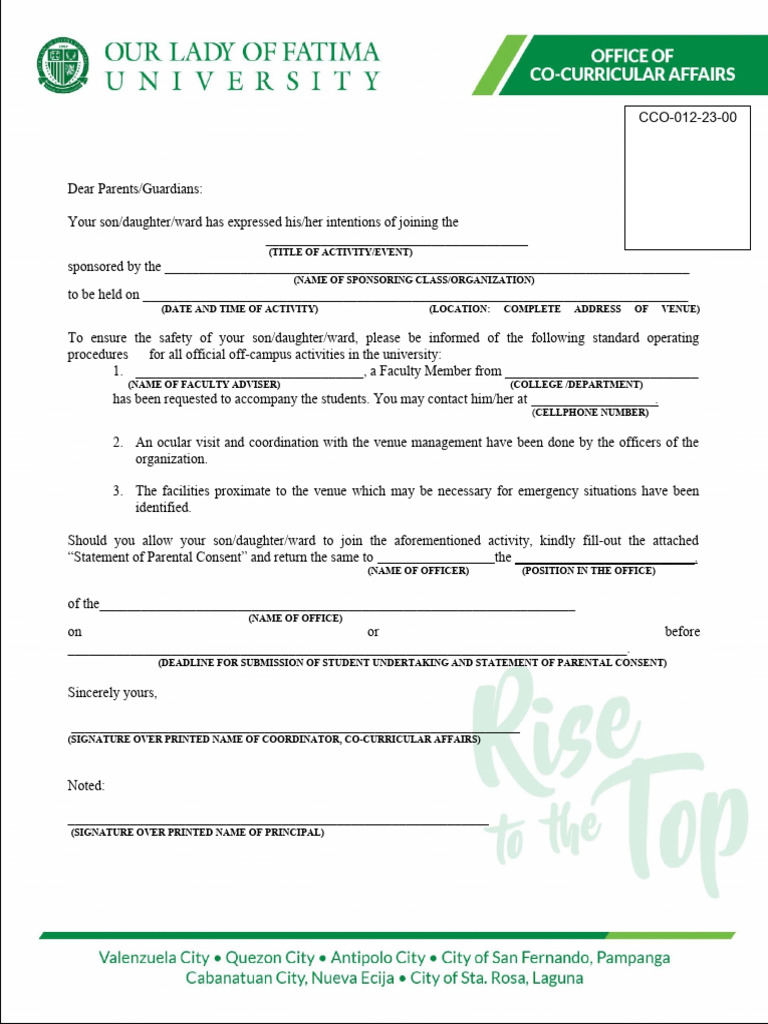 CCO 012 23 00 Student Undertaking and Statement of Parental Consent | PDF