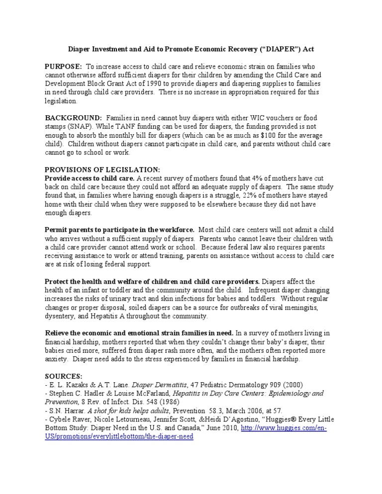 DIAPER ACT One Pager 091611 | PDF | Child Care | Relationships
