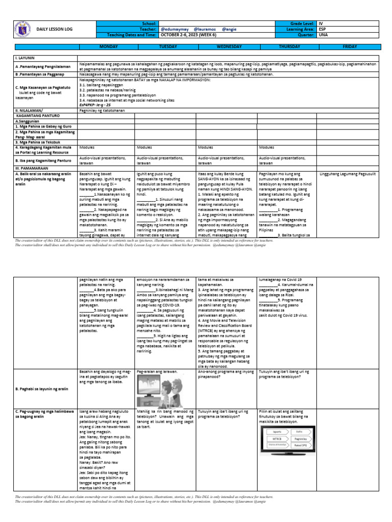 DLL - ESP 4 - Q1 - W6 - Nakapagninilay NG Katotohanan Edumaymay ...