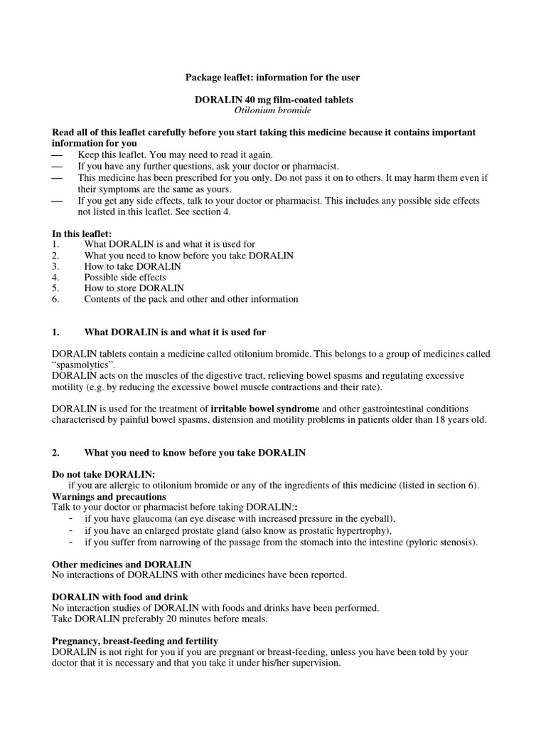 Doralin 40 MG Film-Coated Tablets (Otilonium Bromide) | PDF