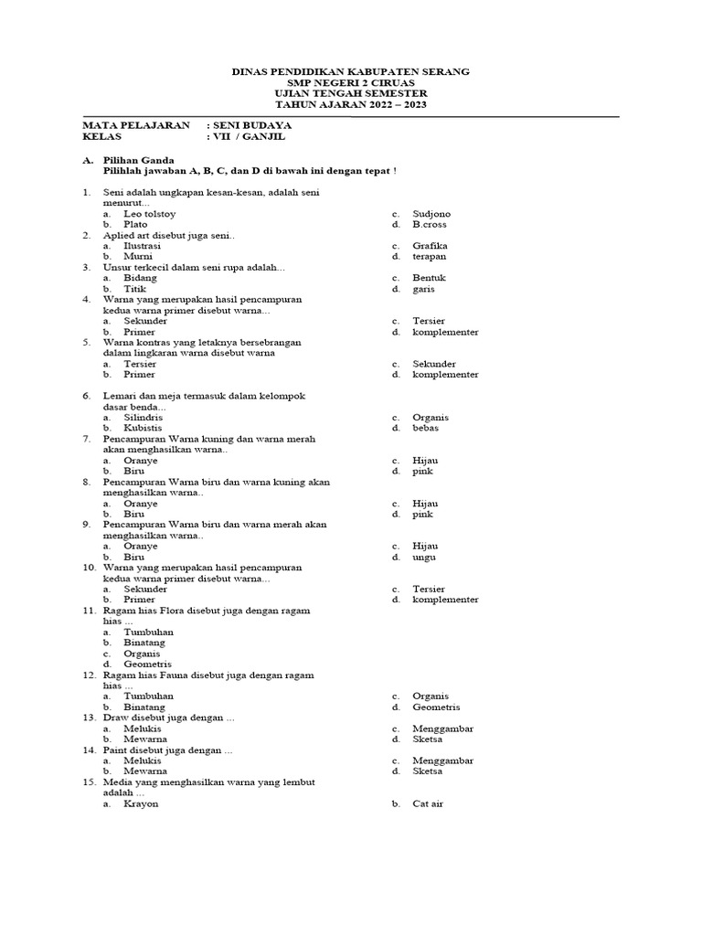 Ujian Tengah Semester SBK Sem Ganjil 2023 | PDF