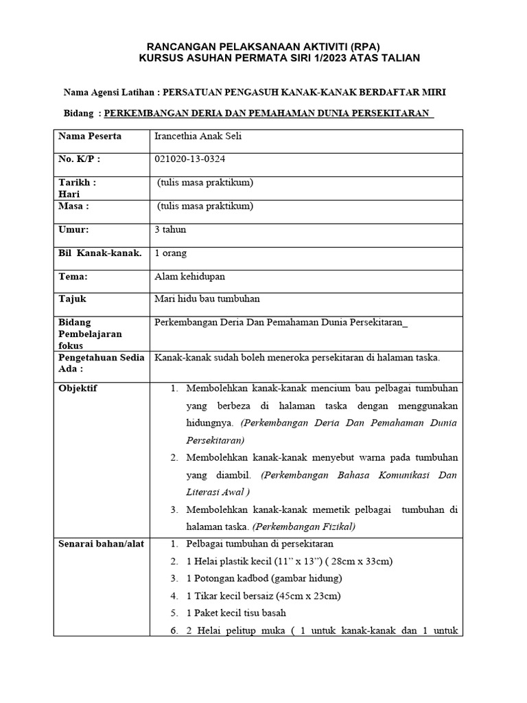 Rpa Perkembangan Deria Dan Pemahaman Dunia Persekitaran | PDF