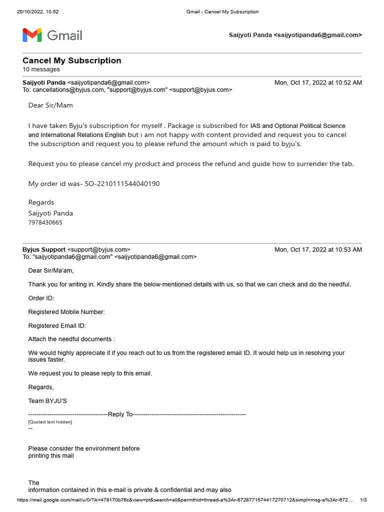 Gmail - Cancel My Subscription | PDF | Gmail | Mail