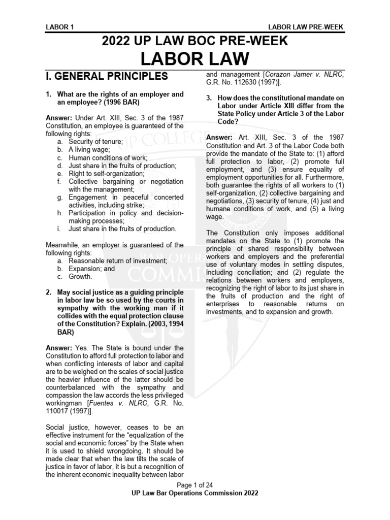 2 2022 UP LAW BOC Labor Law Pre Week | PDF | Law