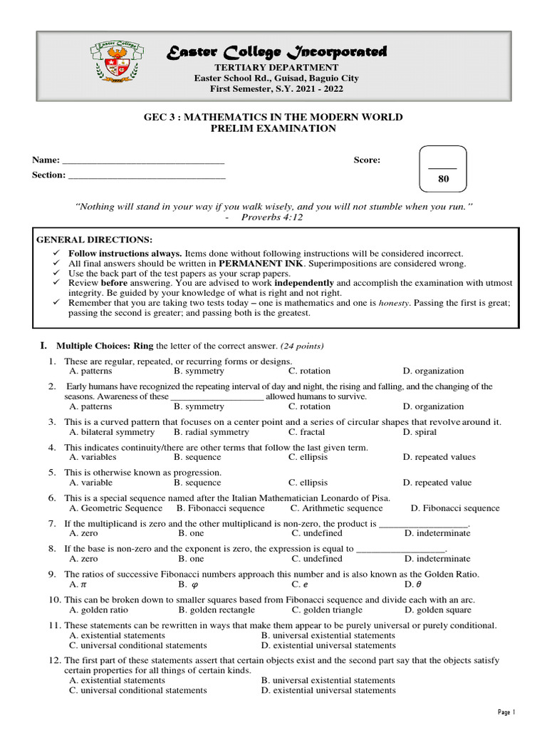 Gec3 Prelim Examination | PDF | Numbers | Sequence