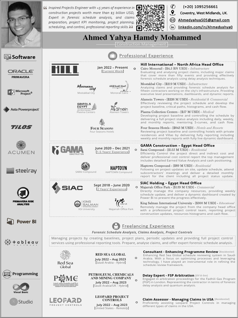 Project Controls, Delay Analyst, Forensic Planner - Ahmed Yahya CV | PDF