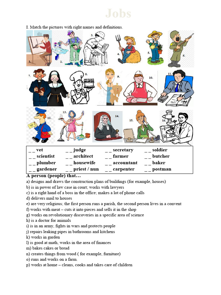 Jobs Exercise Matching Picture With Name and Descr Picture Description ...