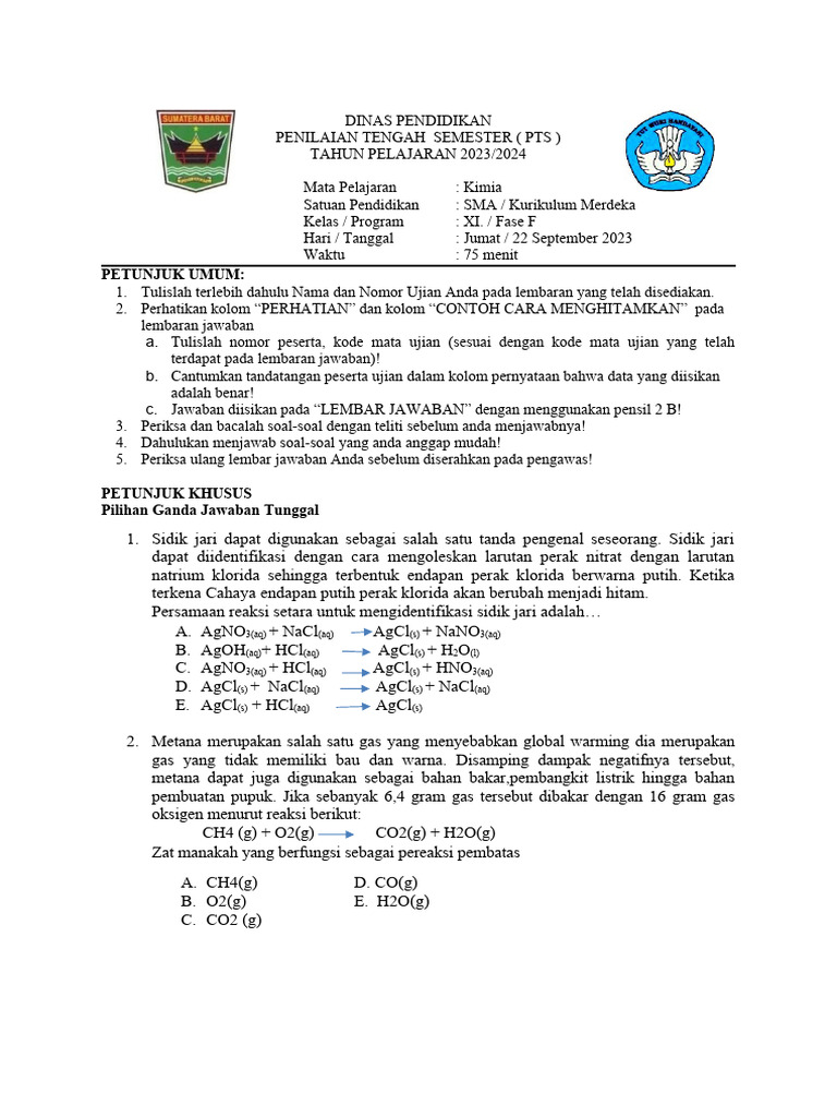 Soal PTS Kimia Fase F Semester Ganjil | PDF