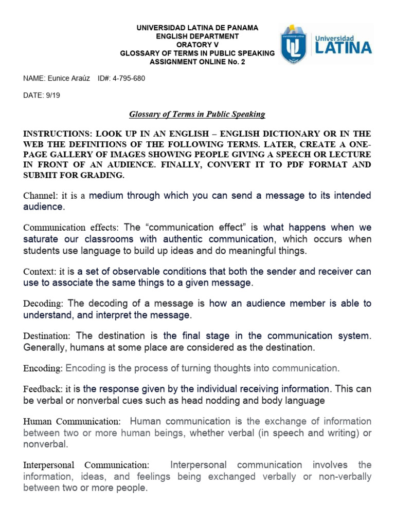 Glossary of Terms in Public Speaking | PDF | Communication | Nonverbal Communication