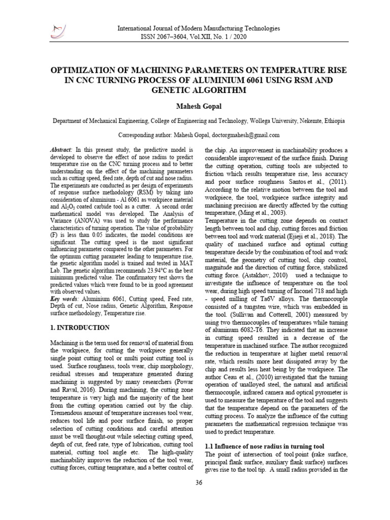 Optimization Of Machining Parameters On Temperature Rise In Cnc Turning Process Of Aluminium 6520