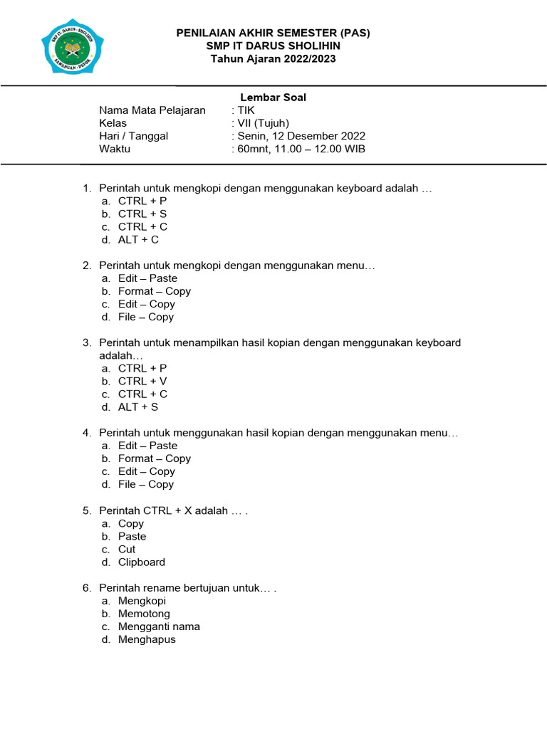 Soal PAS TIK Kelas 7 | PDF