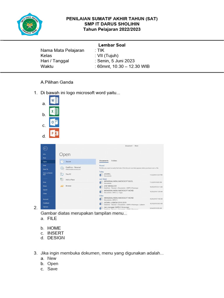 Soal TIK Kelas VII SMP IT 2023 | PDF | Seni | Komputer