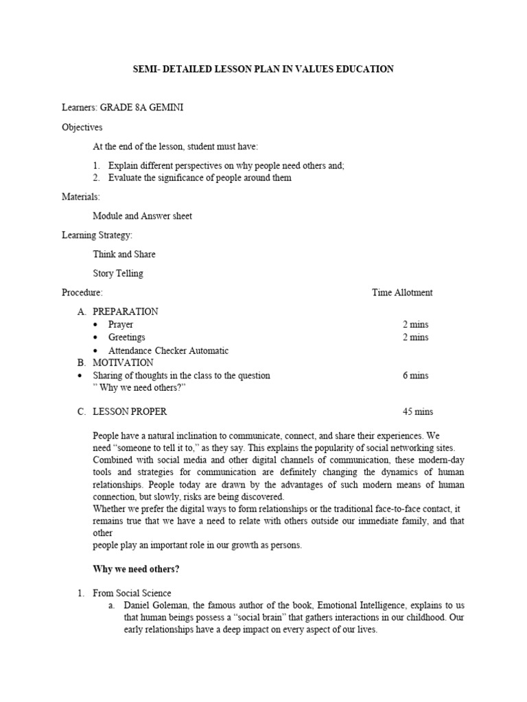 Lesson Plan Val. Ed Draft | PDF