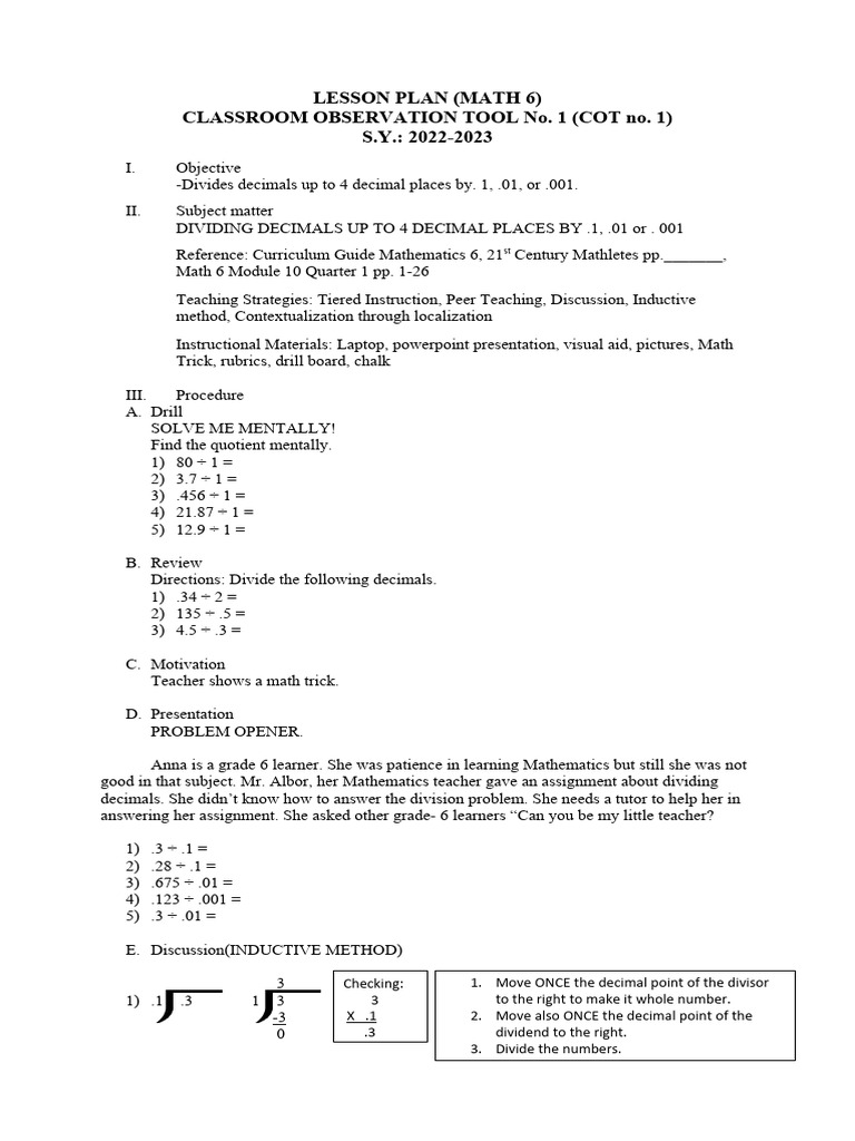 Cot No. 1 Math 6 2022-2023 (Quarter 1) | PDF
