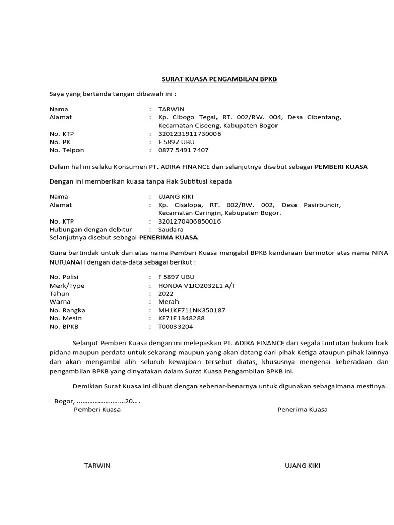 Surat Kuasa BPKB | PDF