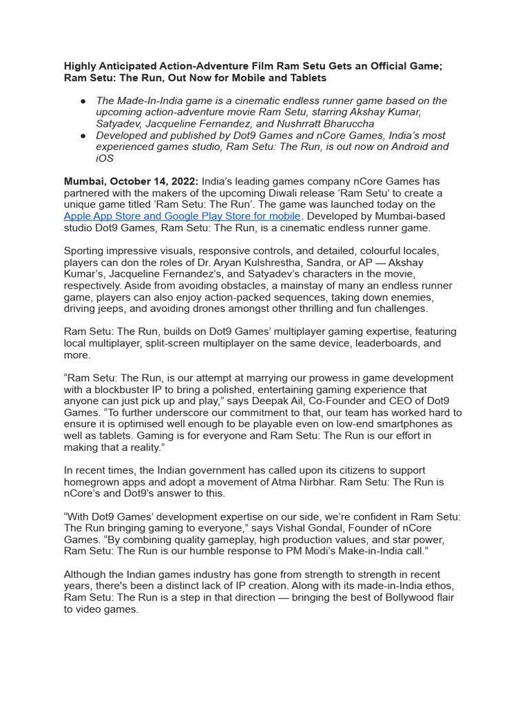 Ram Setu The Run Press Release | PDF