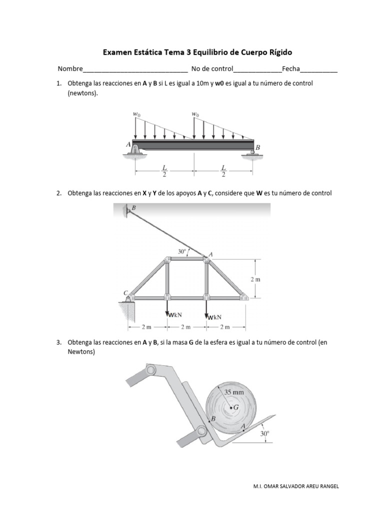 Examen Estática Tema 3 Equilibrio de Cuerpo Rígido | PDF