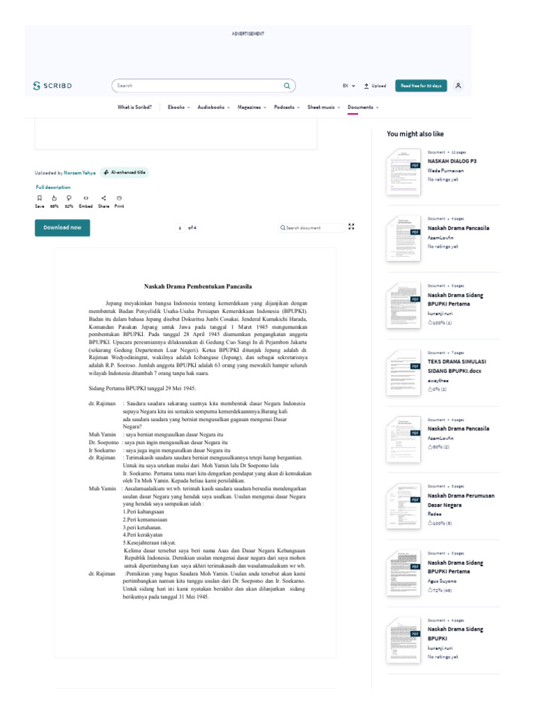 WWW Scribd Com Doc 284490290 Naskah Drama Pembentukan Pancasila | PDF