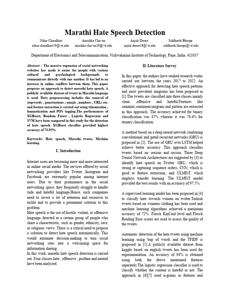 Marathi Hate Speech Detection | PDF | Support Vector Machine | Statistical Classification
