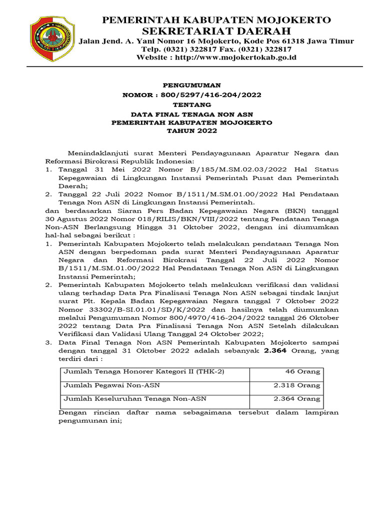 Pengumuman Data Final Tenaga Non ASN PEMKAB Mojokerto Tahun 2022 | PDF