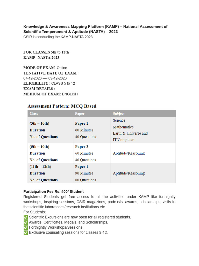 KAMP-NASTA 2023: Online Exam for Classes 5-12 | PDF