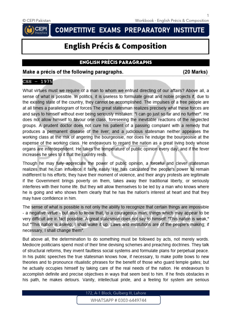 CEPI Workbook (English Precis & Composition) | PDF