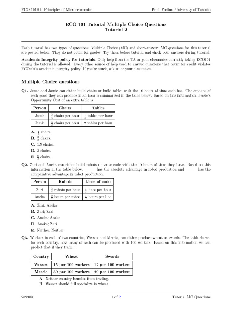 MC Questions Tutorial 2 | PDF