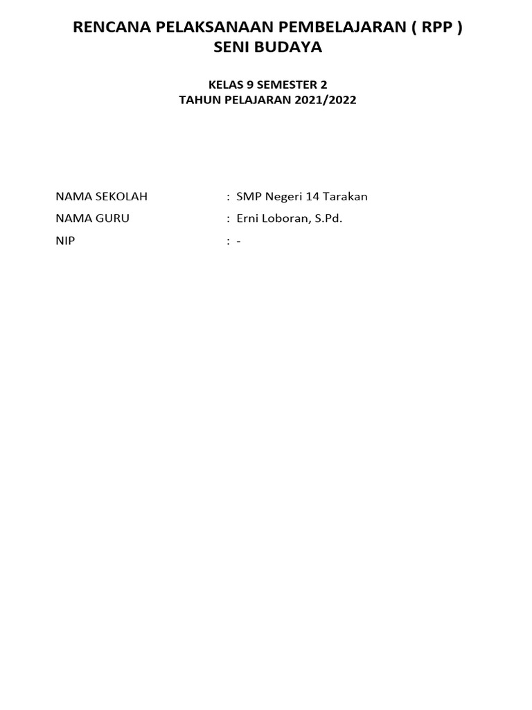 RPP 1 Lembar Seni Budaya Kelas 9 Semester 2 | PDF