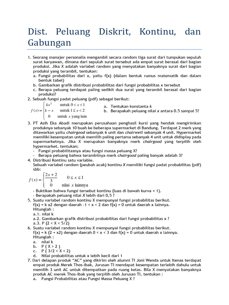 Kumpulan Lengkap Soal Dist Peluang Diskrit, Kontinu, Dan Gabungan | PDF | Metode & Bahan Ajar