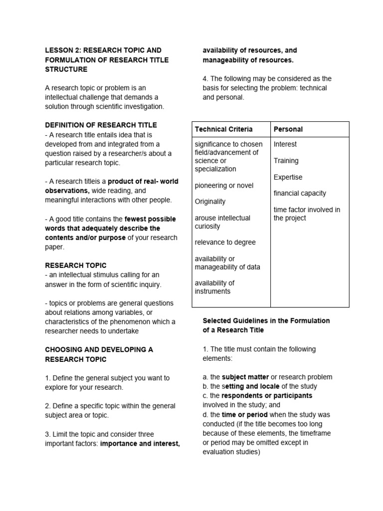 Lesson 2 - Research Topic and Formulation of Research Title Structure | PDF