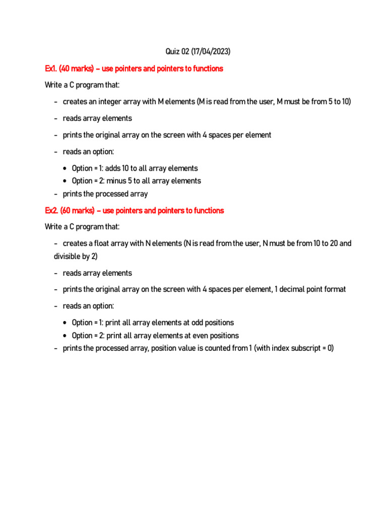 Ex1. (40 Marks) - Use Pointers and Pointers To Functions | PDF