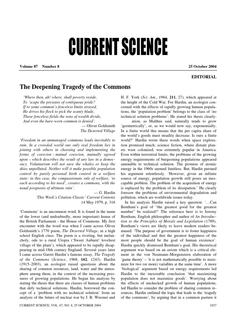 The Deepening Tragedy of the Commons: Revisiting Garrett Hardin's ...