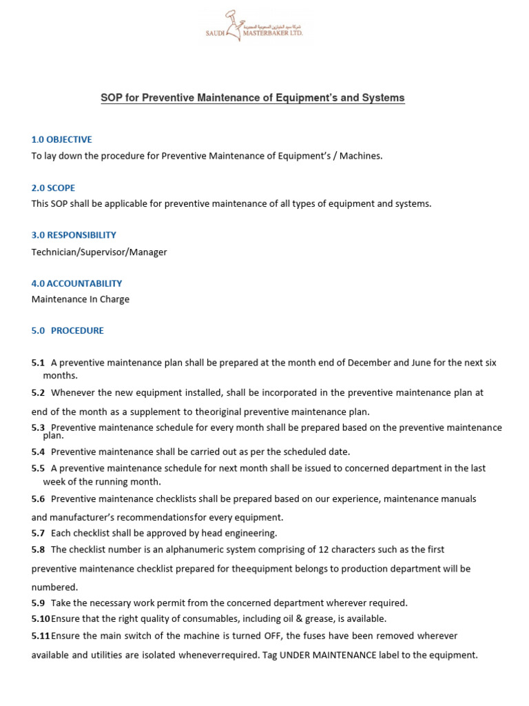 SOP For Preventive Maintenance of Equipment's and Systems: 1 0 ...