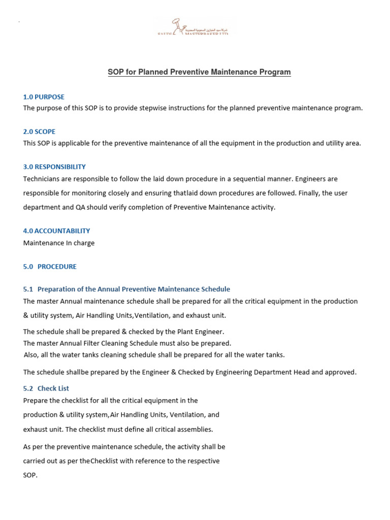 SOP For Planned Preventive Maintenance Program: 1.0 Purpose | PDF