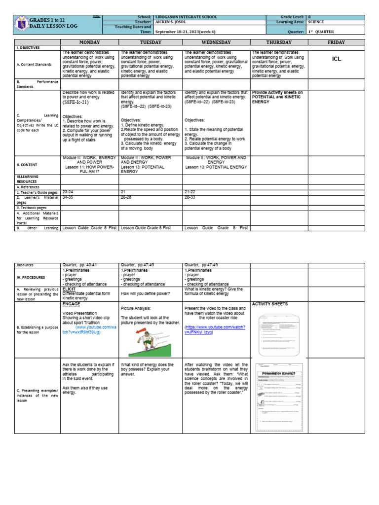 DLL - Science 8-Q1 - W4 | PDF | Potential Energy | Force