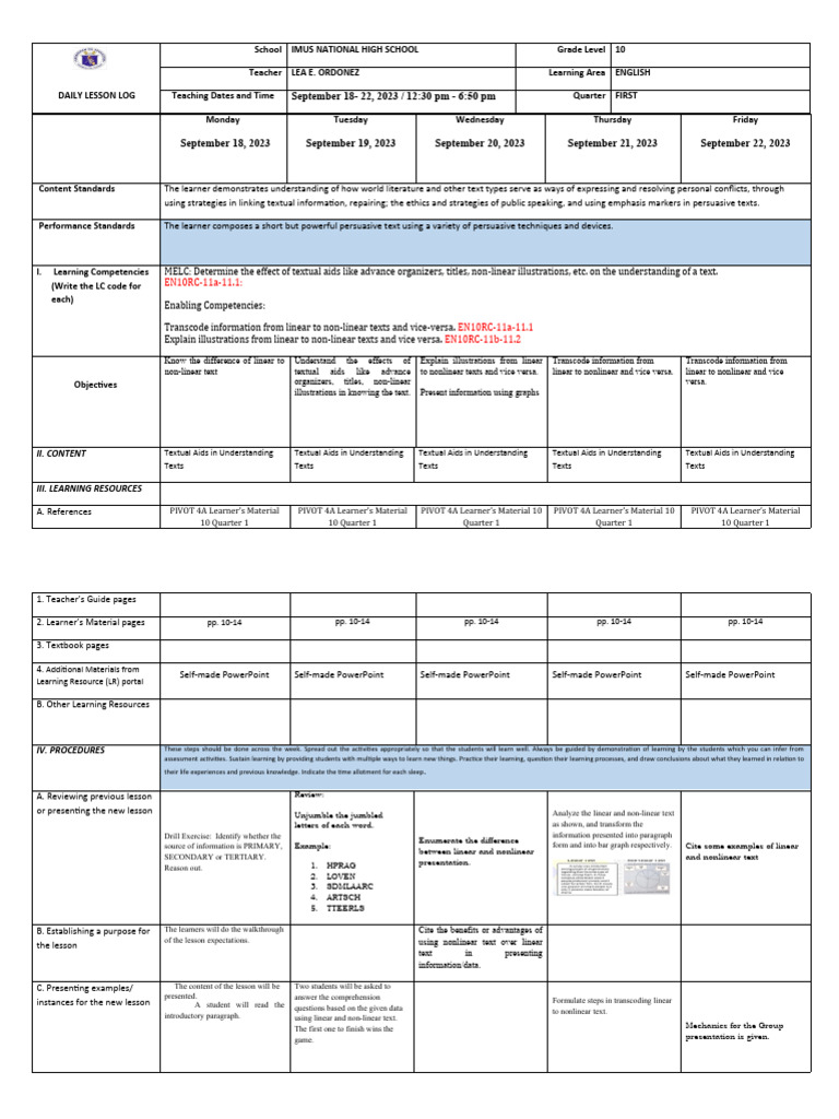 DLL Template September 18 22 | PDF | Learning | Human Communication