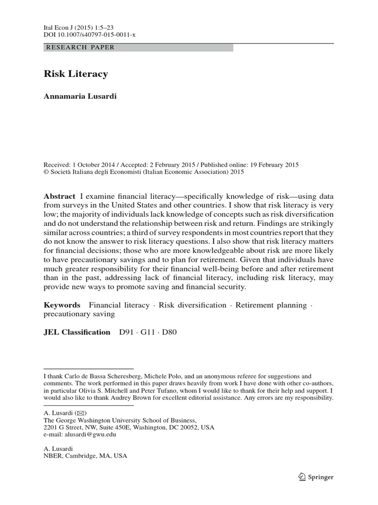 Risk Literacy Ital Econ J 2015 | PDF | Social Science