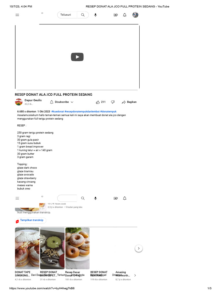 RESEP DONAT ALA JCO FULL PROTEIN SEDANG - YouTube | PDF