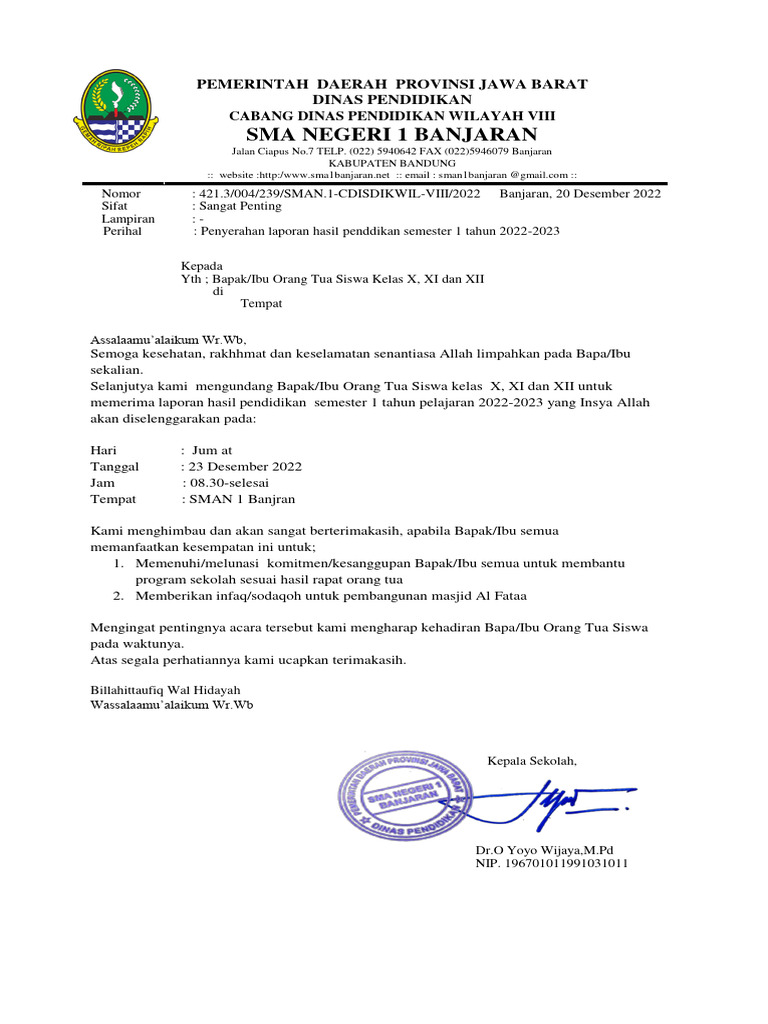 Surat Undangan Pertemuan Dengan Orang Tua Siswa Pembagian Laporan Hasil ...