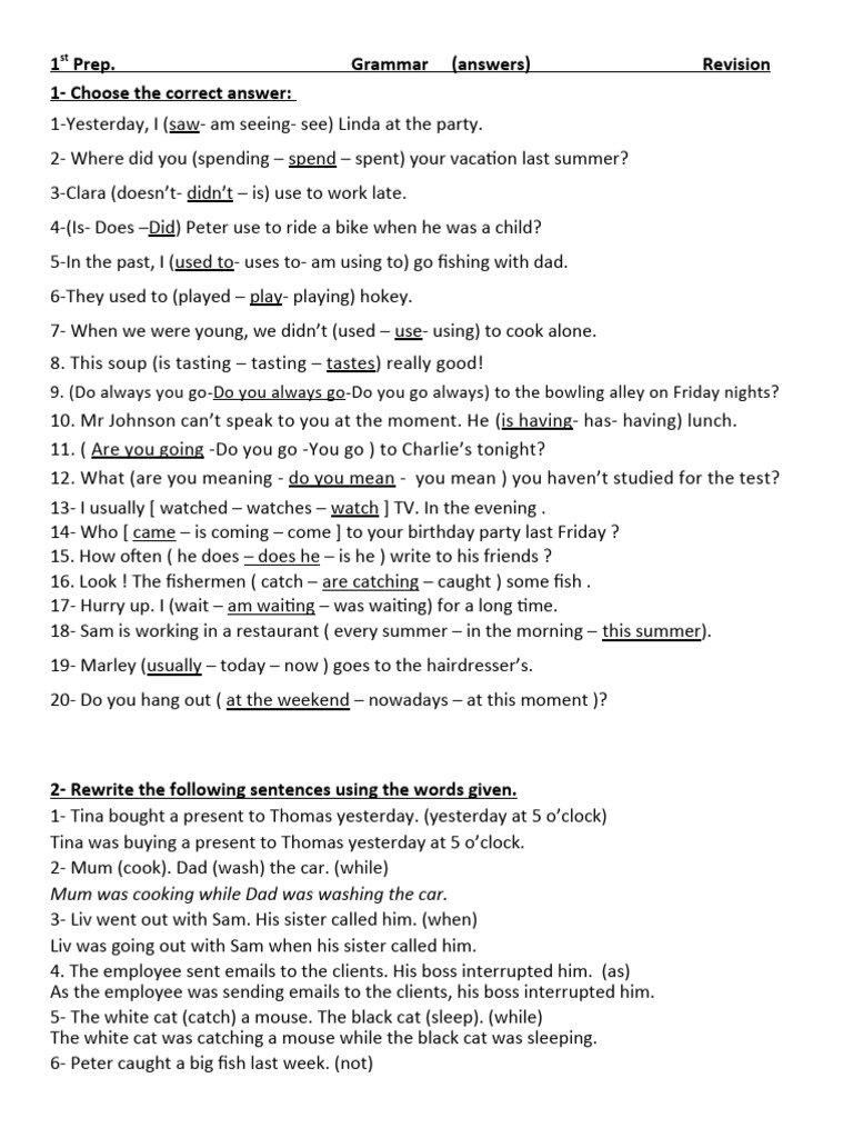1st Prep Grammar Revision 1 (Answers) | PDF