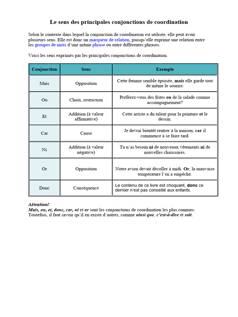 Conjonctions de Coordination | PDF