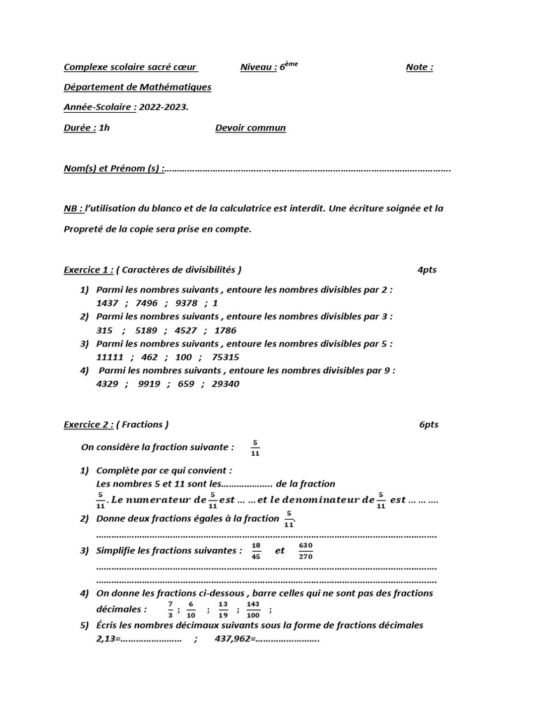 Devoir Commun 6eme Sacré Cœur | PDF