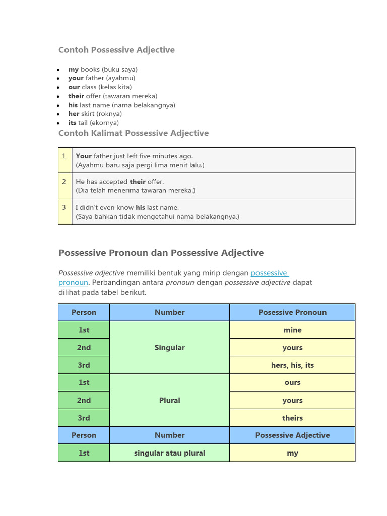 Contoh Possessive Adjective | PDF | Grammatical Number | Noun