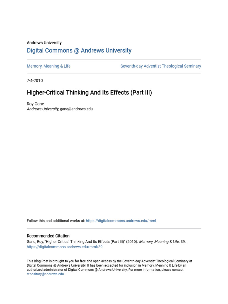 Higher Critical Thinking and Its Effects | PDF