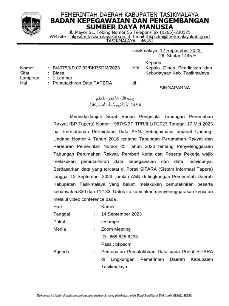 Surat Zoom Meeting Pemutakhiran Data Tapera | PDF